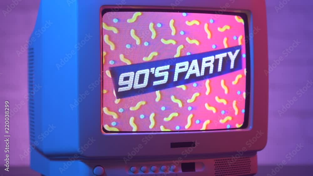 90s Party text appearing on an old vintage Television - computer screen ...