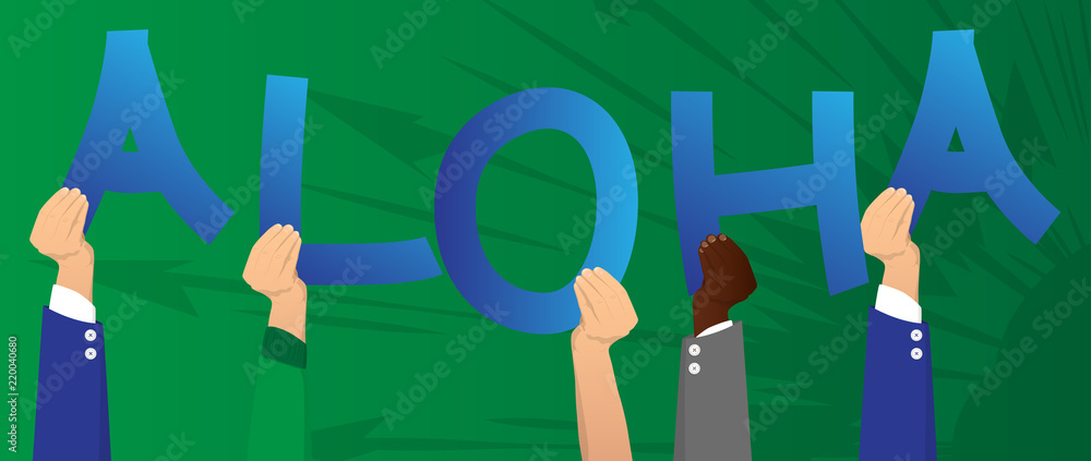 Diverse hands holding letters of the alphabet created the word Aloha ...