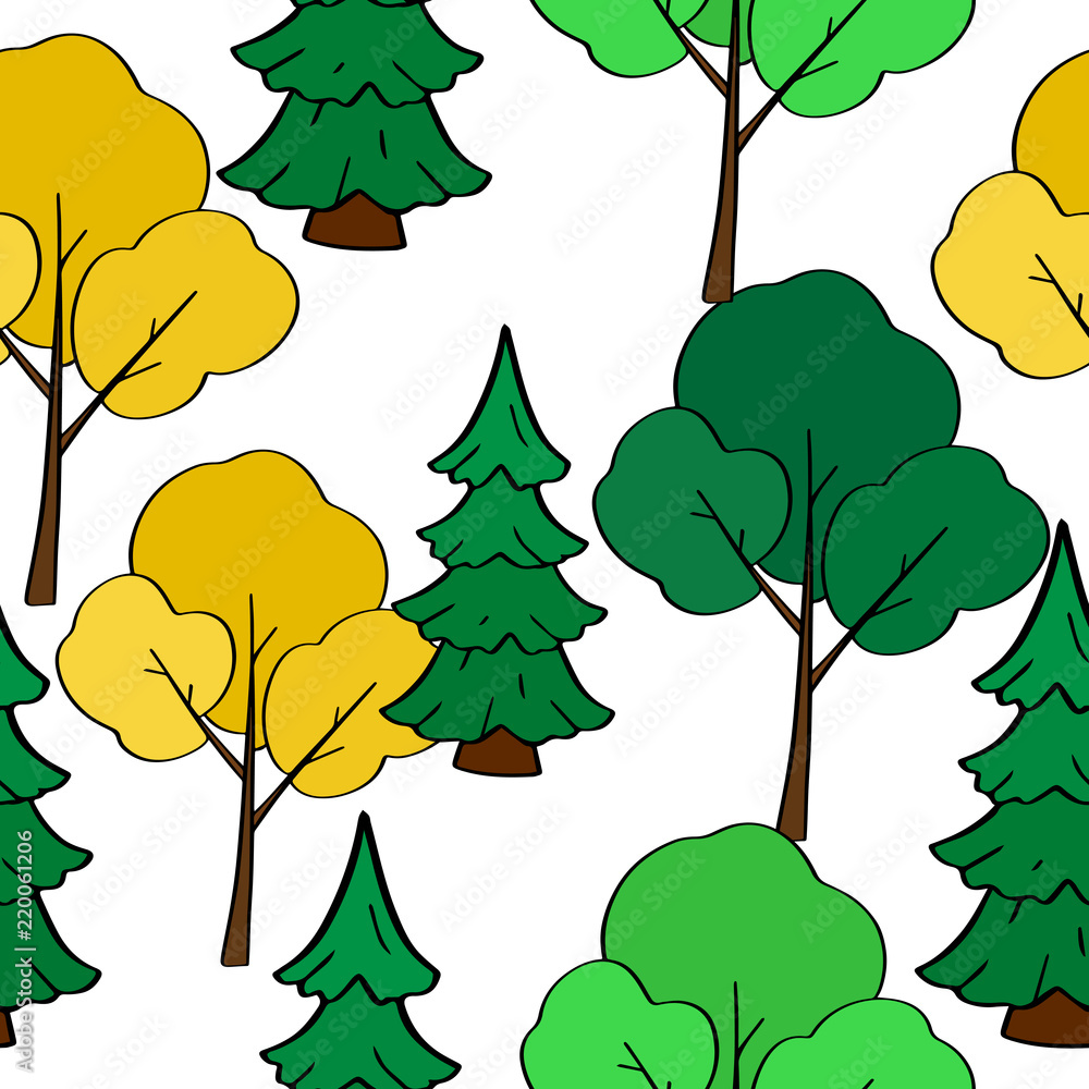Hand drawn Cartoon Tree Seamless Pattern. Vector illustration of ...