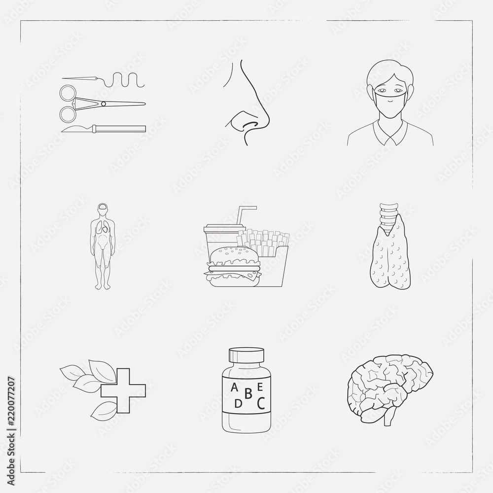 Set of anatomical icons line style symbols with vitamins, face mask ...