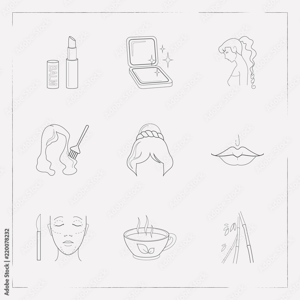 Set of glamour icons line style symbols with hair coloring, ponytail ...