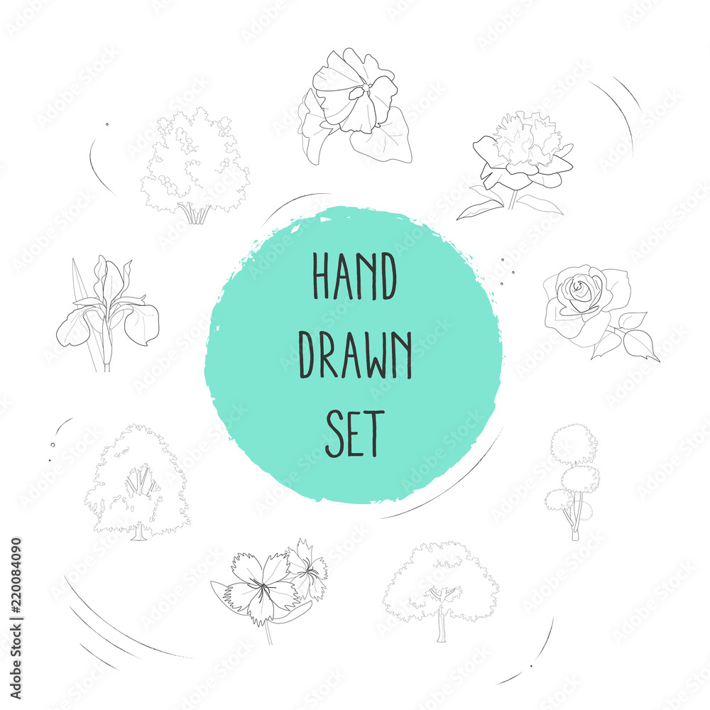 Set of plant icons line style symbols with rose, mallow, dianthus and ...