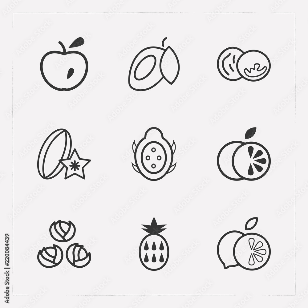 Set of fruit icons line style symbols with orange, pineapple, lime and ...