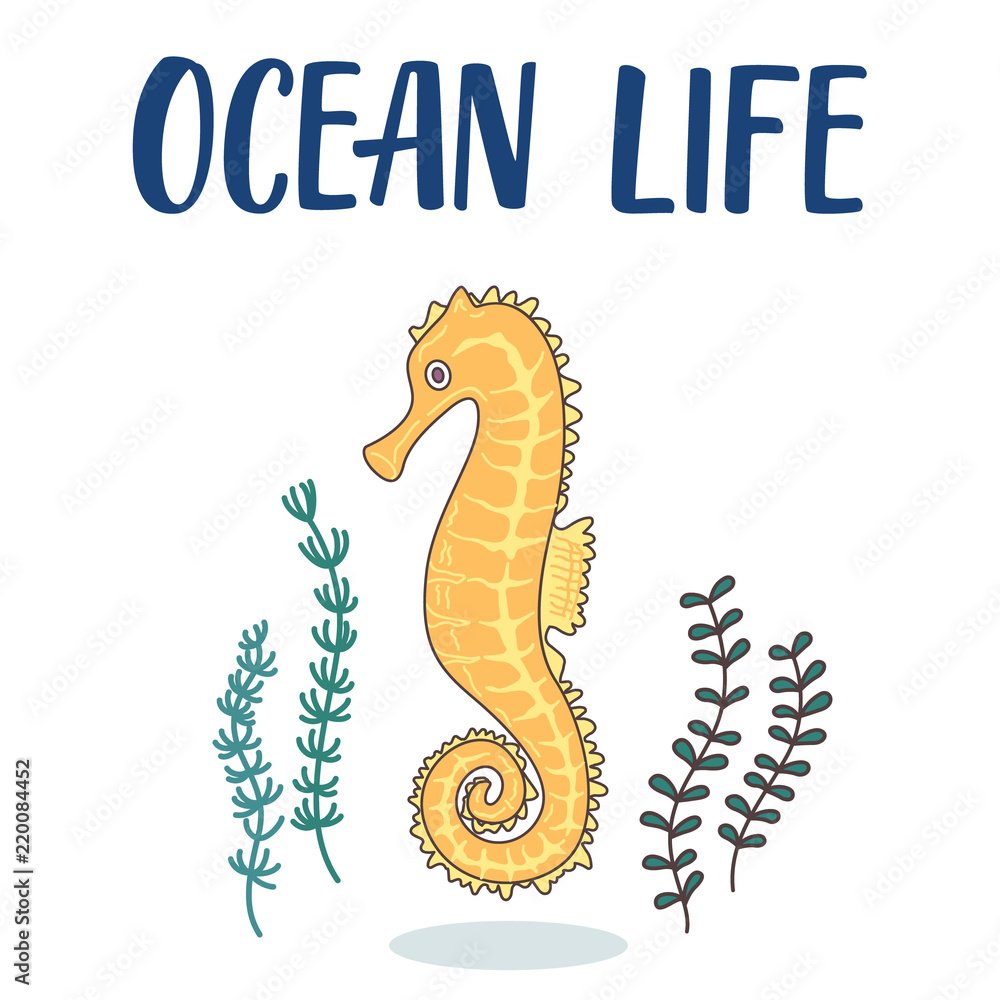 Cute hippocampus cartoon illustration with seaweeds around. Stock ...