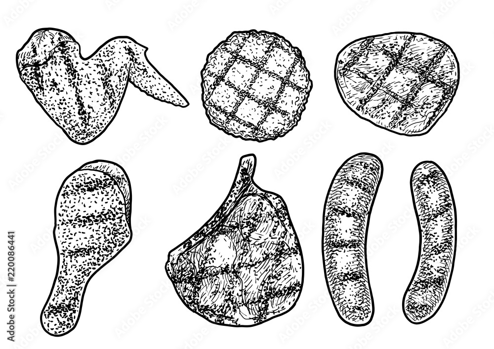 Grilled meat illustration, drawing, engraving, ink, line art, vector ...