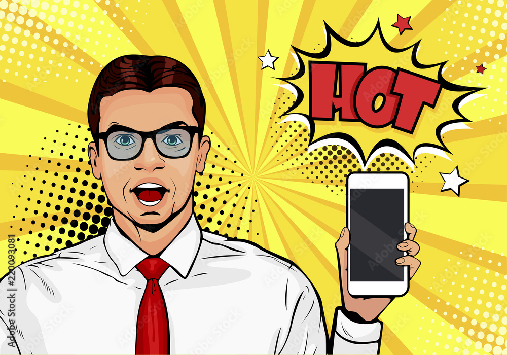 Attractive smiling man with phone in the hand in comic style. Pop art ...