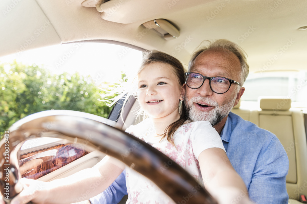 Little girl sitting on lap of grandfather, pretending to steer the car ...
