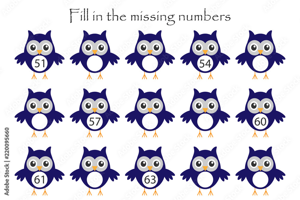 Game with owls for children, fill in the missing numbers, middle level ...