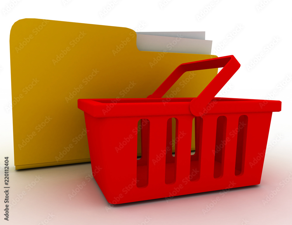 computer folder icon with shopping basket . 3d rendered illustration ...