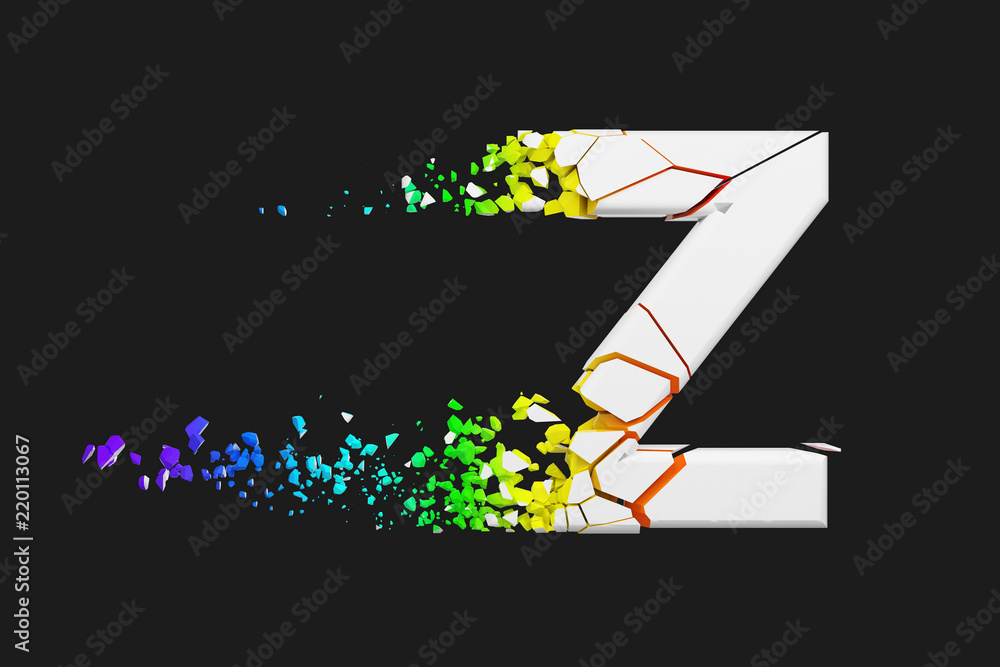 Broken shattered iridescent alphabet letter Z uppercase. Crushed white ...