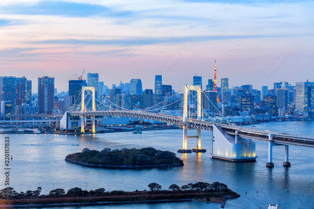 Tokyo City at sunset:Rainbow bridge and Tokyo Tower view form Odaiba island at sunset, Tokyo ...