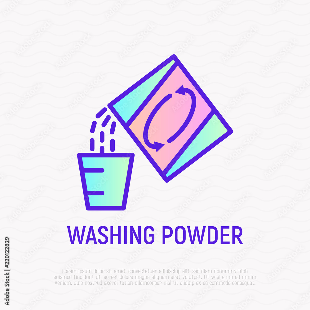 Washing powder thin line icon: laundry powder pour in measuring cup ...