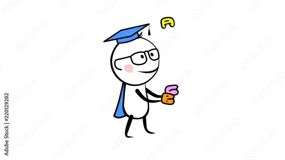 Funny stick figure kid character juggling with letters cartoon 2d loop ...