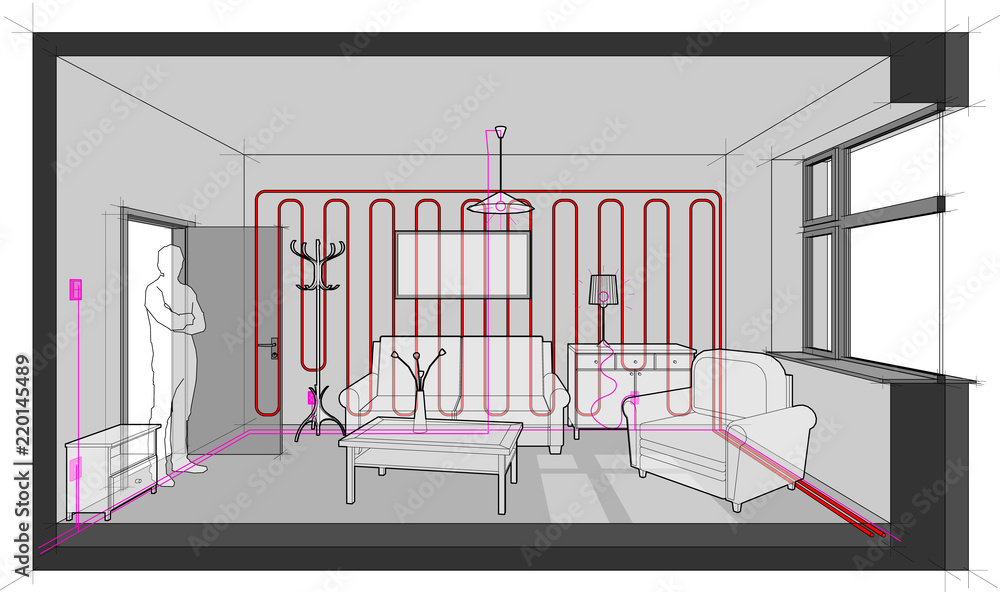 Diagram of a single room furnished with furniture heated with wall ...