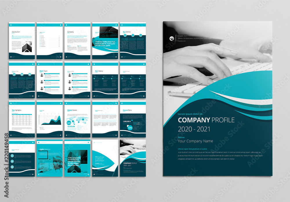 Company Profile Layout with Teal and Blue Accents Stock Template ...