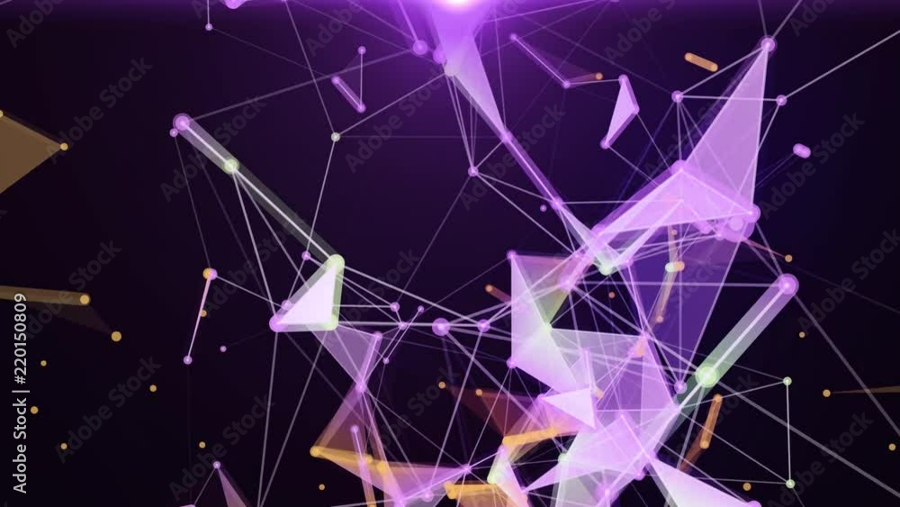 Plexus of abstract golden and violet geometrical lines with moving triangles and dots on a black ...