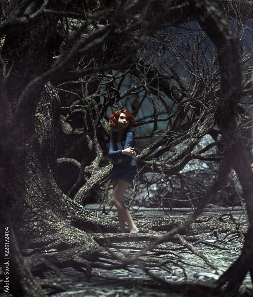 Girl lost in the haunted forest,3d rendering for book cover or book ...