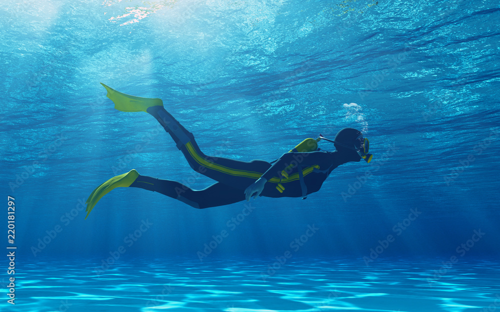 Diver swimming underwater. Stock Illustration | Adobe Stock