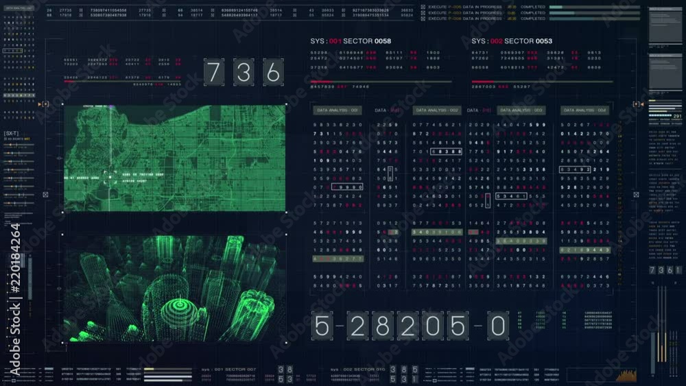 Abstract running numbers code hacking source code and map digital data ...