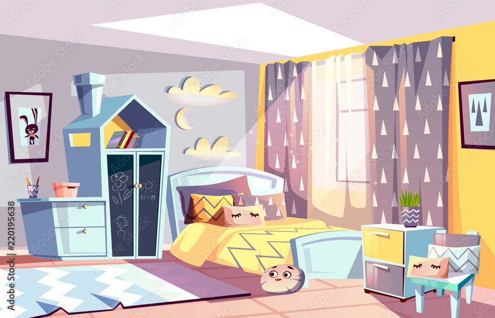 Kids room modern interior vector illustration of bedroom furniture in ...