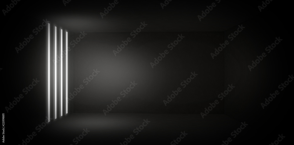 Background of an empty room at night with smoke and neon light. Dark ...