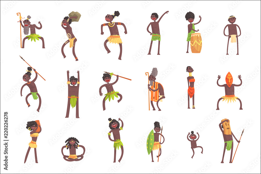 African Tribe Members, Warriors And Civilians In Leaf Loincloths Set Of ...