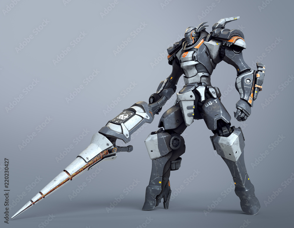 Ilustração do Stock: Robot warrior with a large lance in one hand. A ...