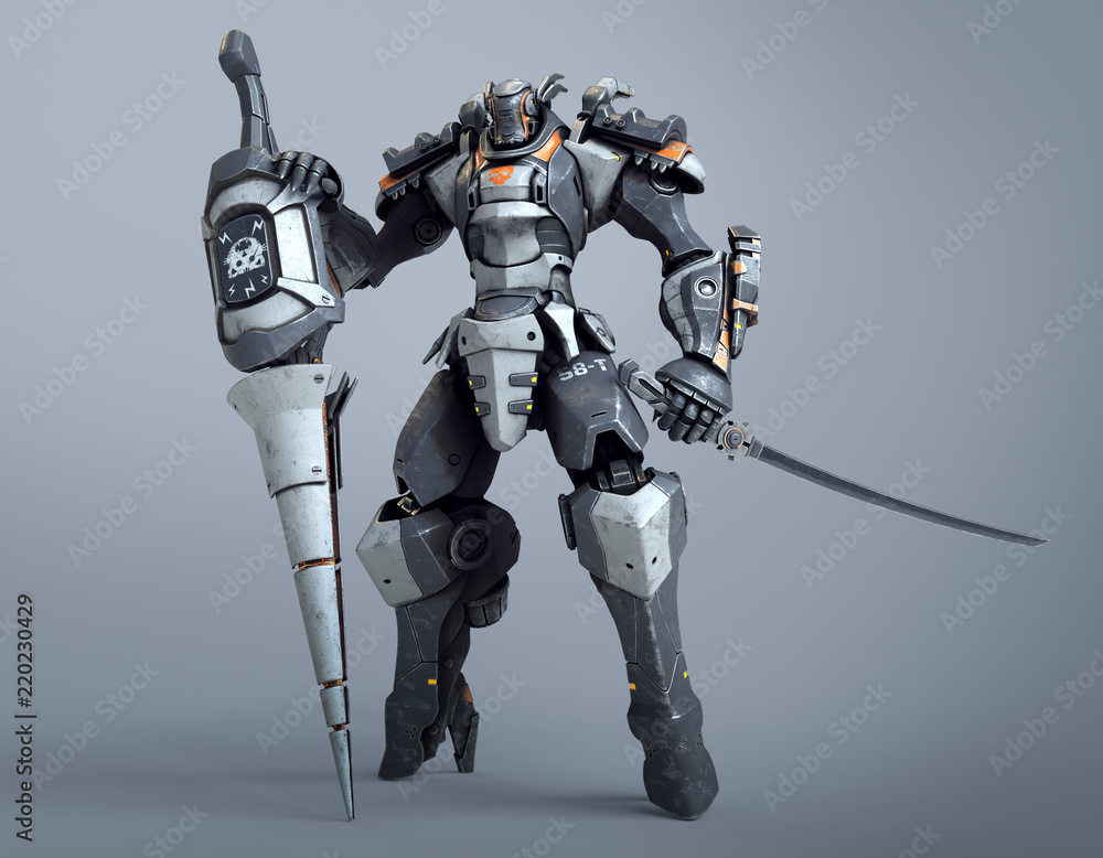 Sci-fi mech warrior holds a large lance with one hand and a katana in ...