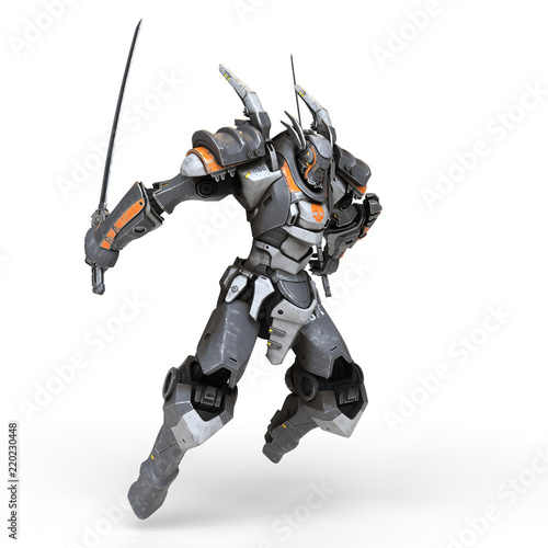 Sci-fi mech warrior holding two swords in fighting position. Mech in a ...