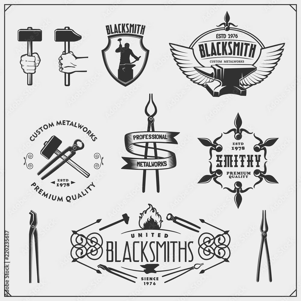 Vintage emblems for forge. Blacksmith labels, badges and design ...