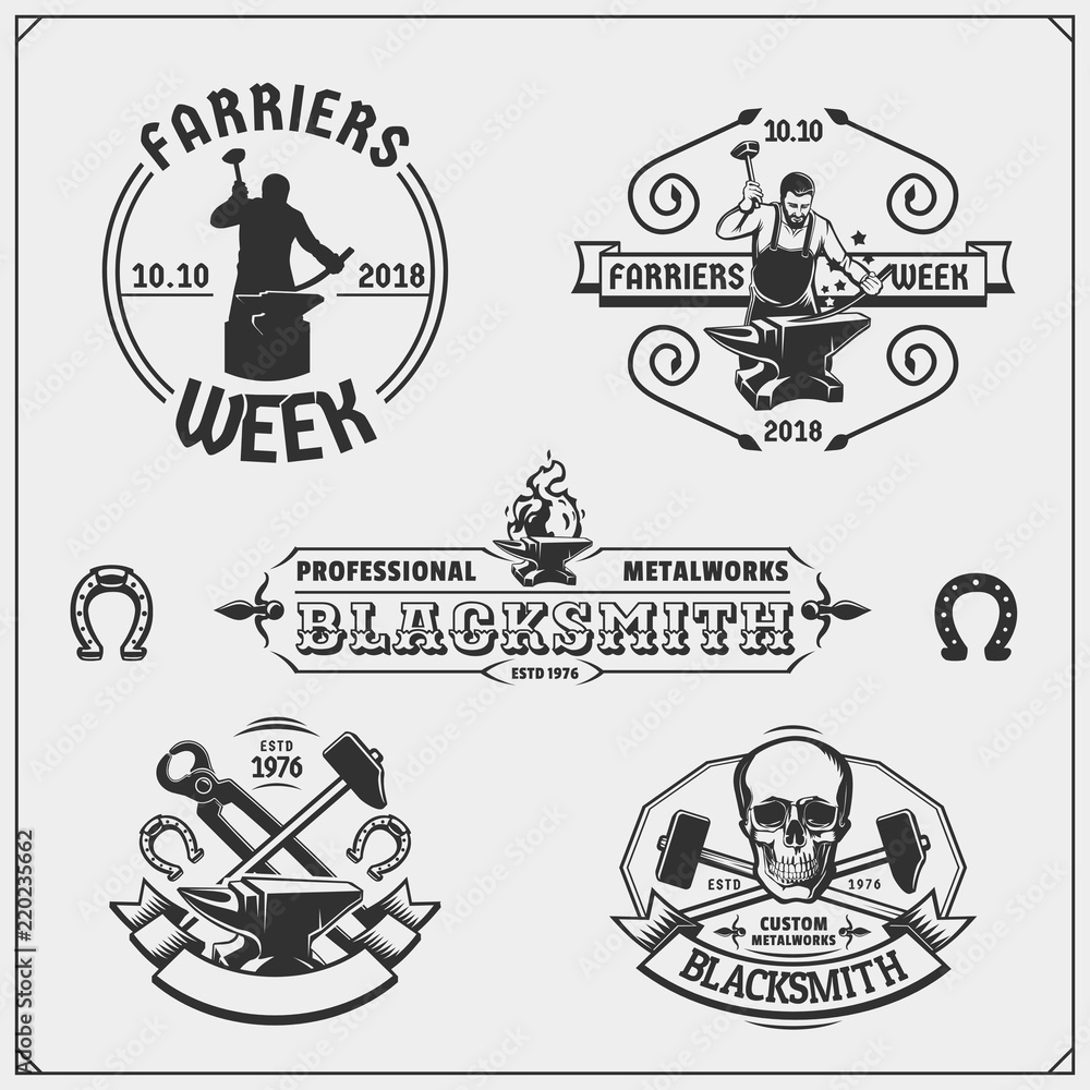 Vintage emblems for forge. Blacksmith labels, badges and design ...