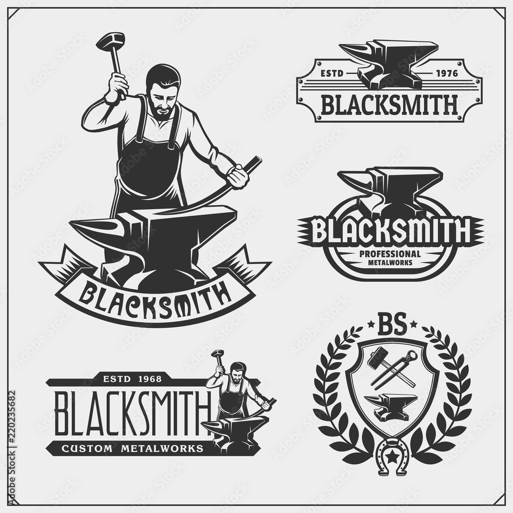 Vintage emblems for forge. Blacksmith labels, badges and design ...
