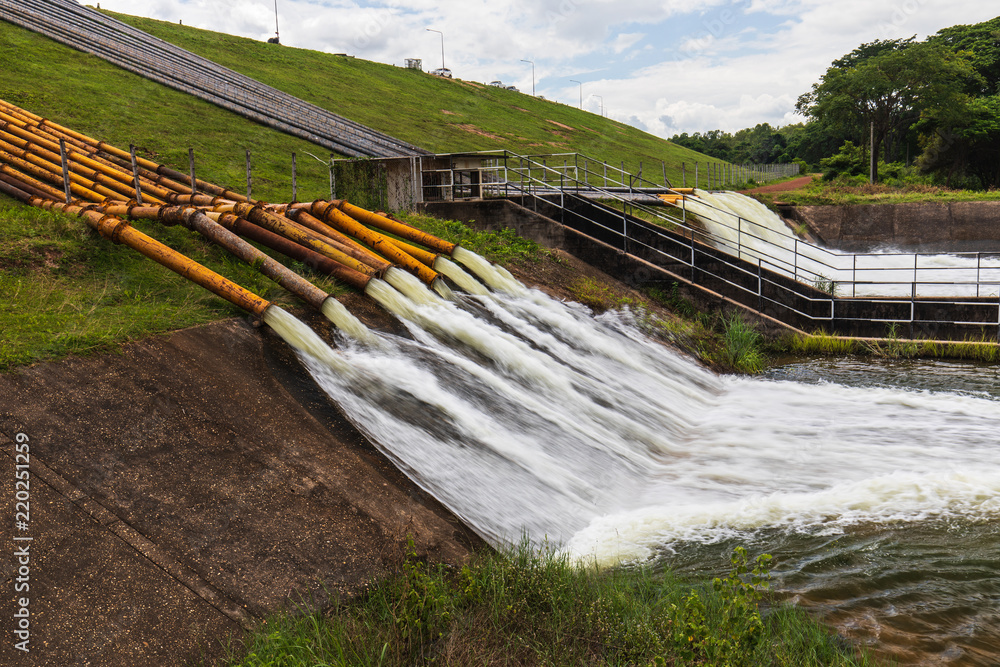 Big steel pipe for drainage from the dam to prevent flooding. Nam Un ...