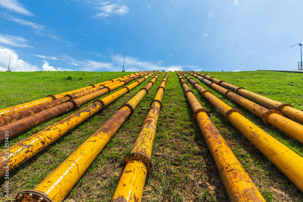 Big steel pipe for drainage from the dam to prevent flooding. Nam Un ...