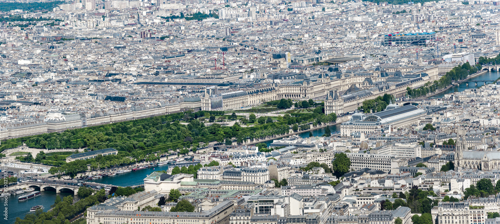 Aerial view of Louvre museum with pyramid and Tuileries; Garden, MusÃ©e ...