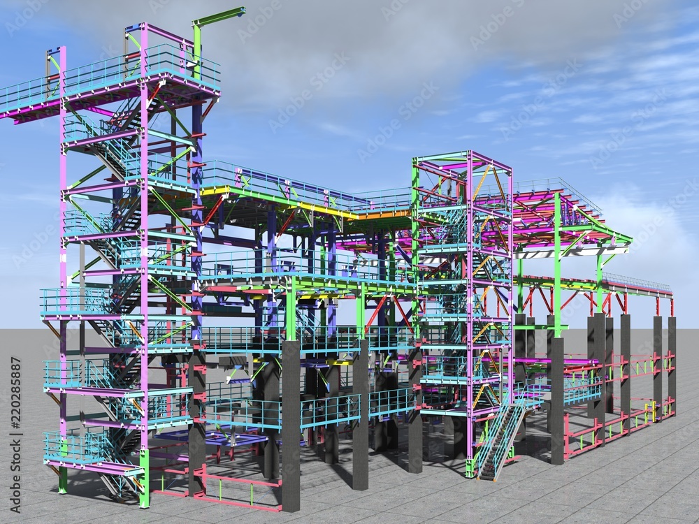 BIM model of a building made of metal construction, metal structure. 3D ...