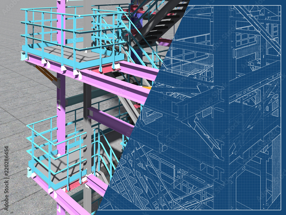 BIM model of a building made of metal construction, metal structure. 3D ...