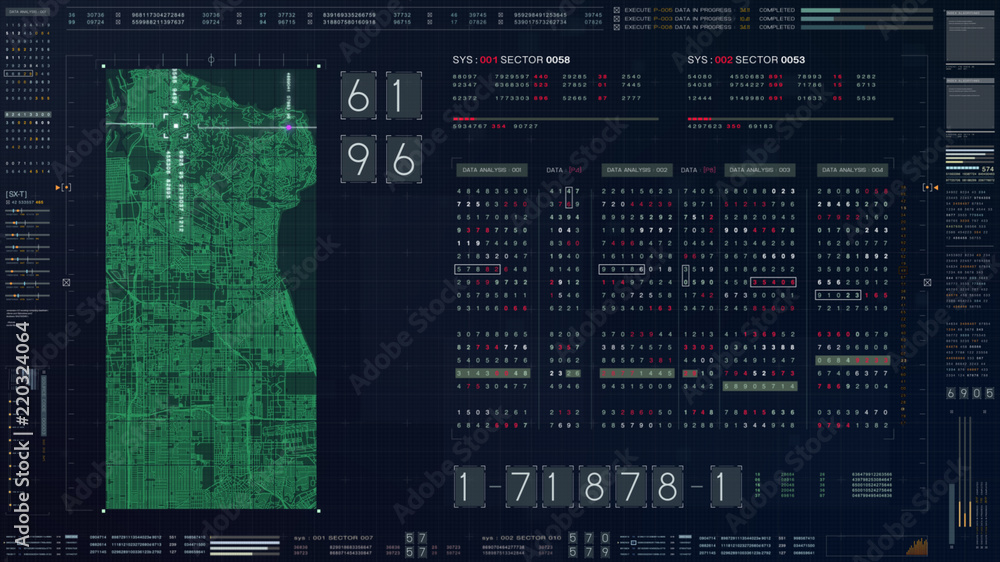 Foto de Abstract running numbers code hacking source code and map digital data holographic city ...