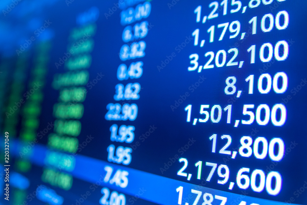 Stock market graph analysis. Stock market data on LED display on laptop ...