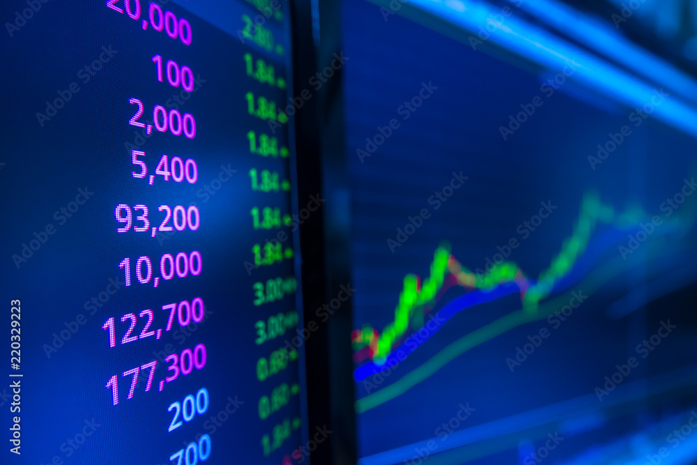 Stock market graph analysis. Stock market data on LED display on laptop ...
