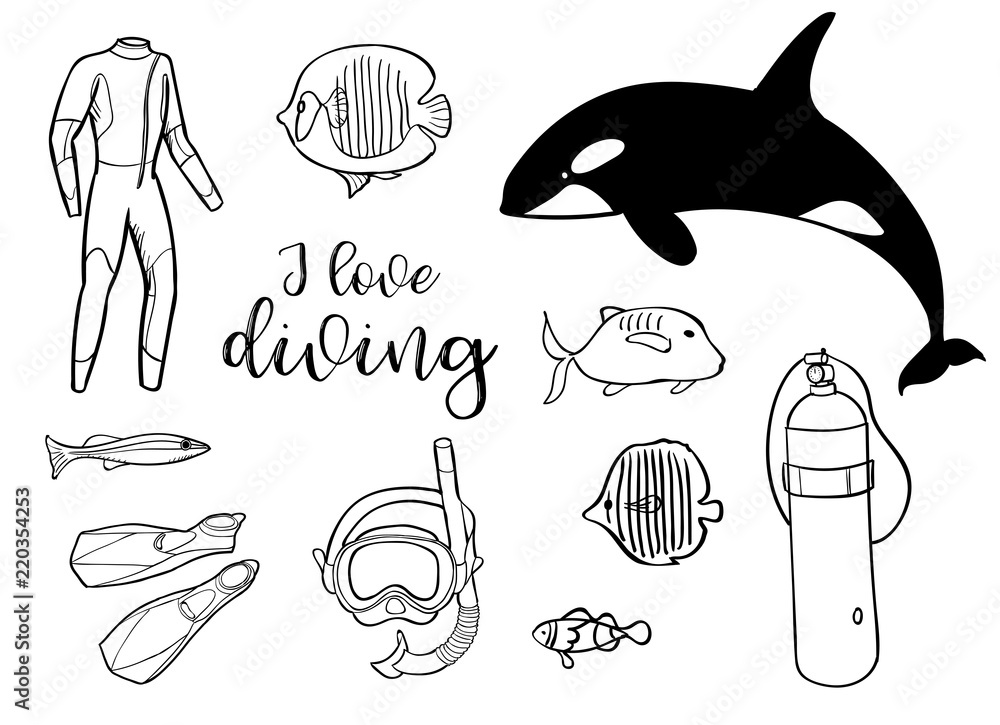 Diving icon doodle set. Underwater. Sea and ocean adventure. Summertime ...