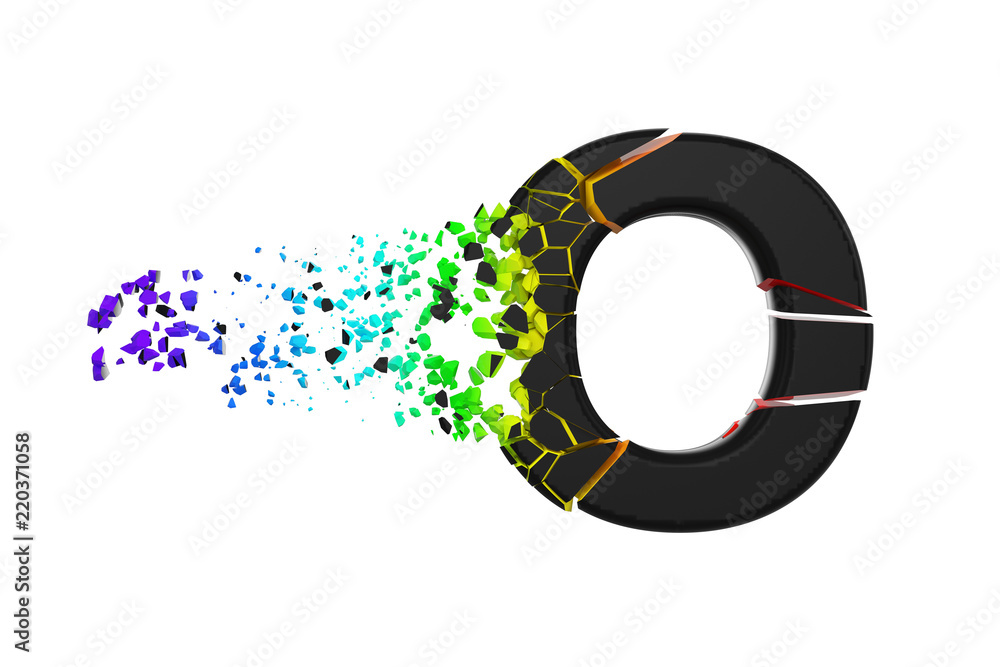 Broken shattered iridescent alphabet letter O uppercase. Crushed black ...