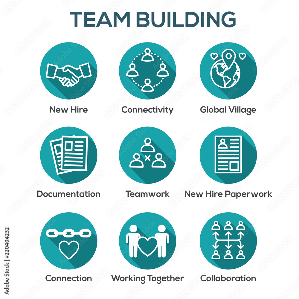 Team Building, Teamwork, and Connectivity Icon Set with Stick Figures ...