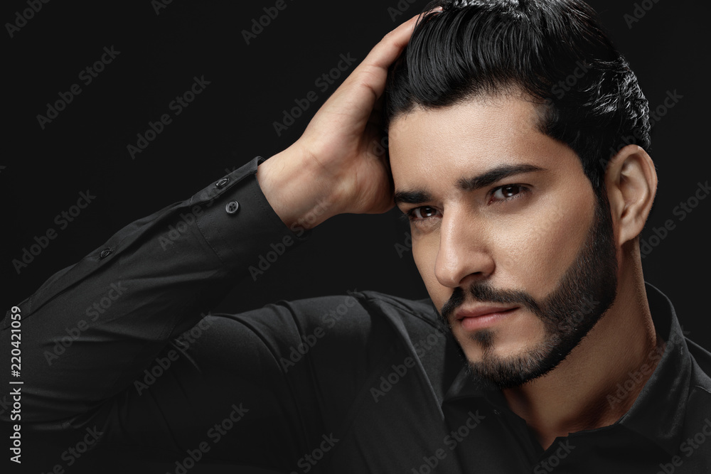 Men Hair Beauty. Handsome Male Model Touching Healthy Hair Stock Photo ...