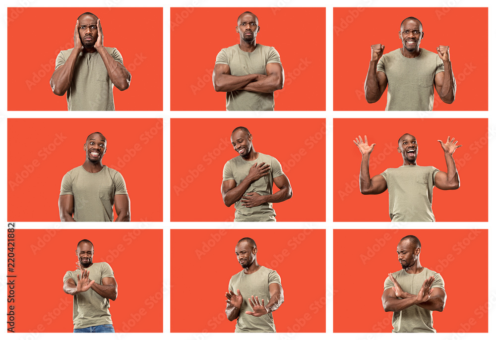 The collage of different human facial expressions, emotions and ...