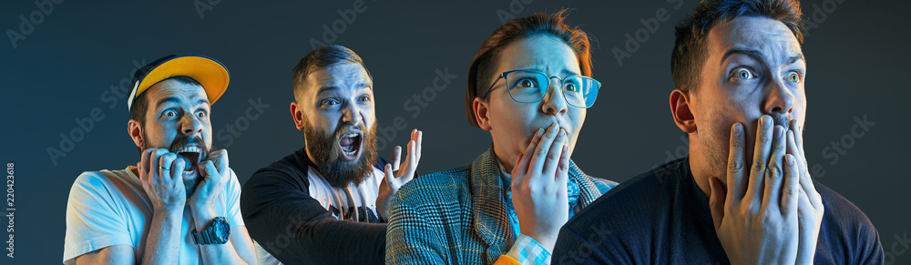 Collage about emotions of television fans. Screaming, hate, rage ...