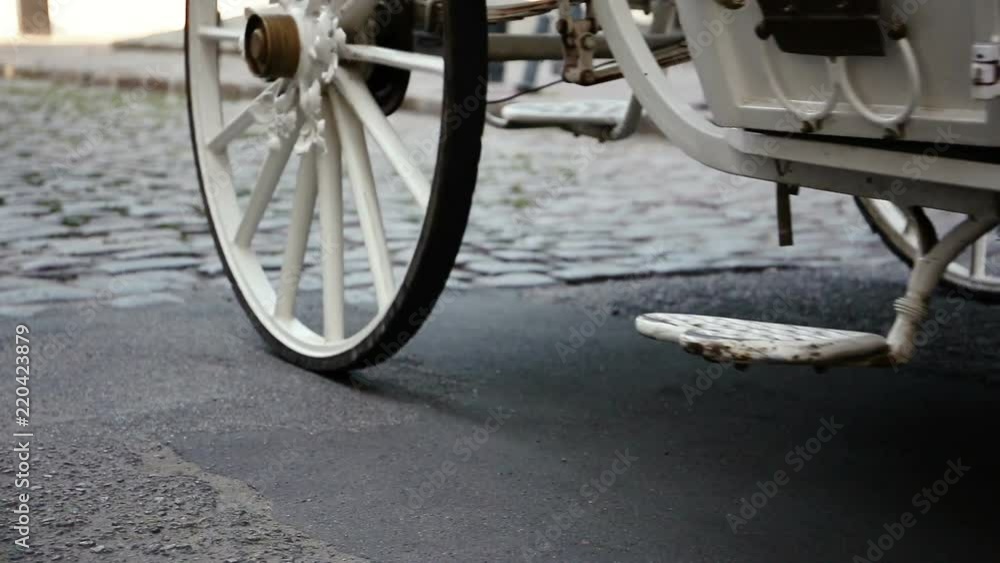 The white coach is riding down the street. Wedding. The road from the ...