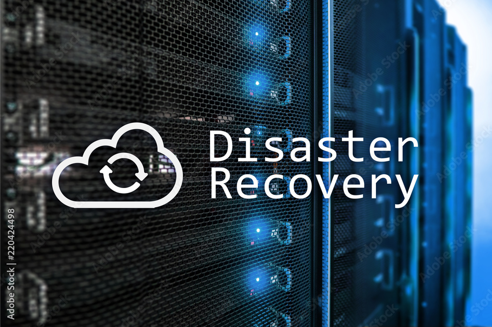 DIsaster recovery. Data loss prevention. Server room on background ...