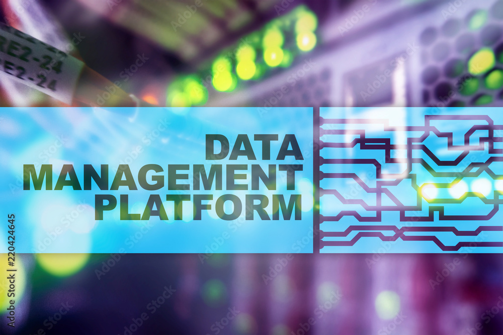 Data management and analysis platform concept on server room background ...