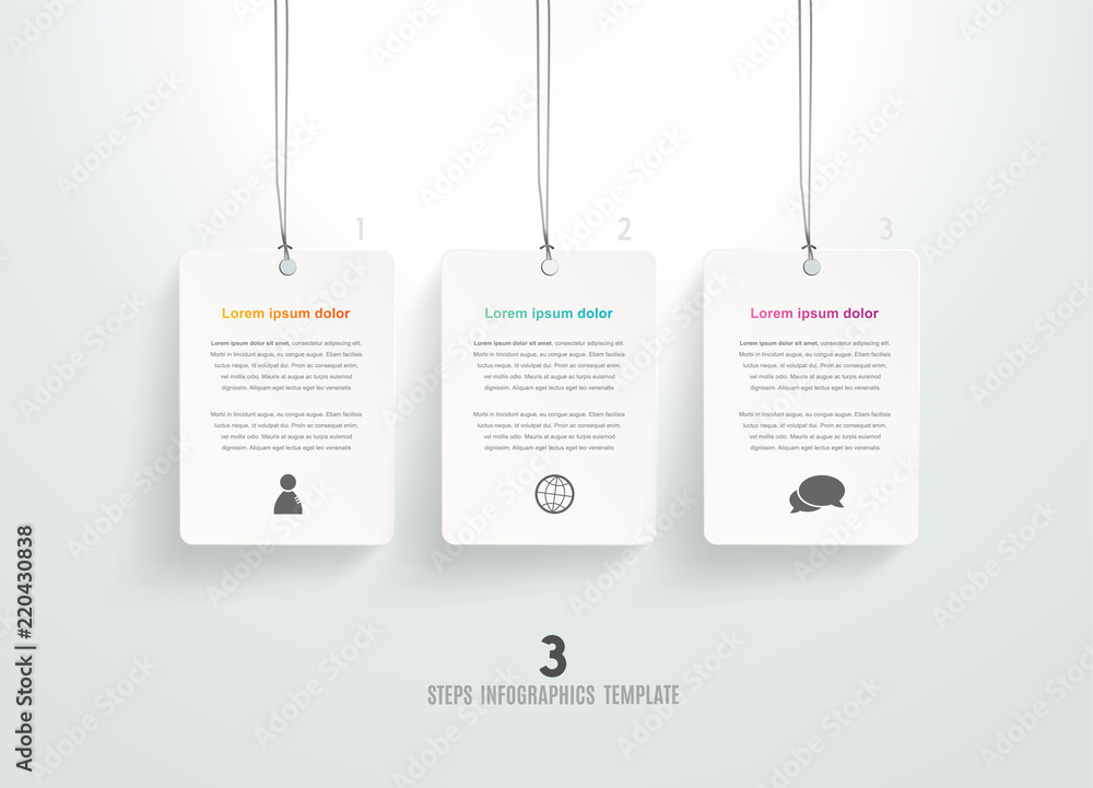Three vector progress steps illustration with hanging cards, icons and ...